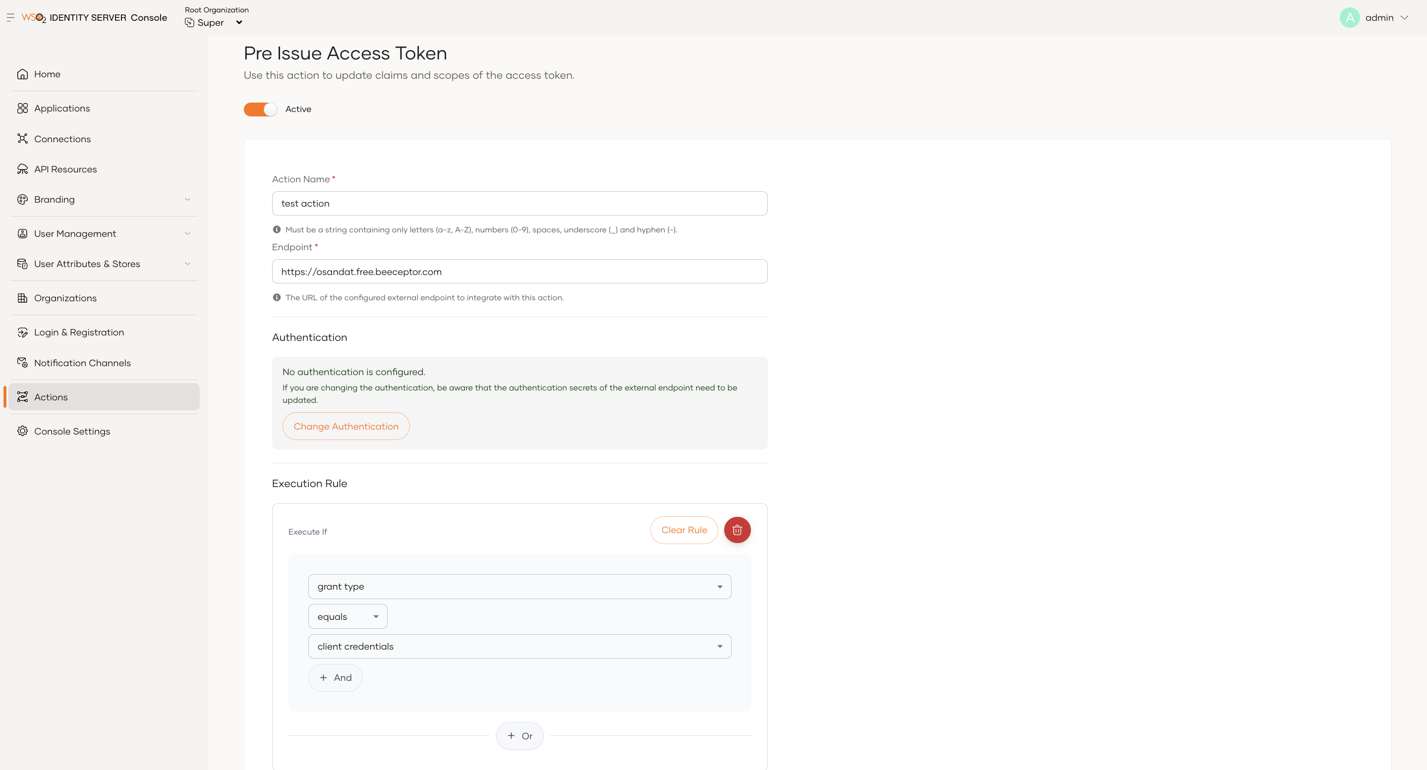 Setting up an action - WSO2 Identity Server